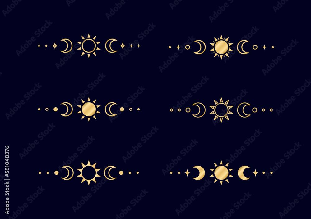Gold celestial text divider with sun, stars, moon phases, crescents ...