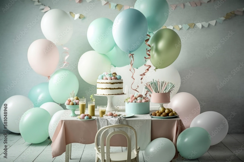 Birthday table setting in pastel tones, with the cake, balloons and ...