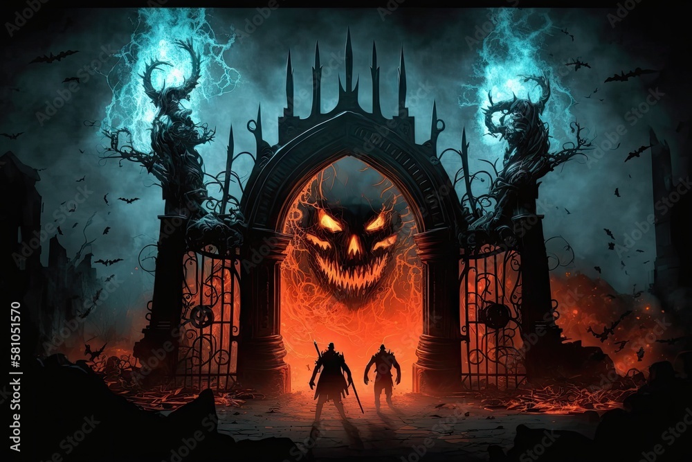 gothic horror gate to hell with flames on turret and figures, created ...