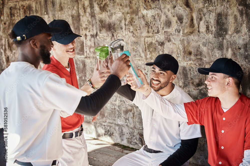 Baseball player, team or people toast to success in training or match ...