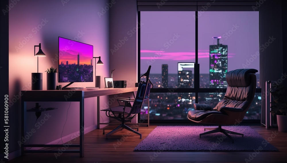 A computer desk and a bookcase are seen in a 3D picture of a modern ...