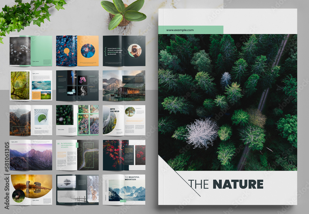 Nature Magazine Portfolio Layout with Green Accents Stock Template ...