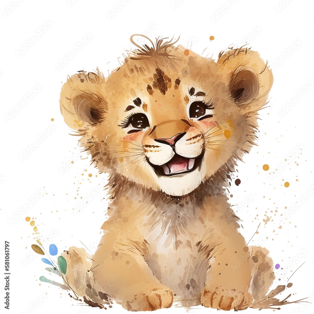 African funny baby lion with flowers for kids . Watercolor lion PNG ...