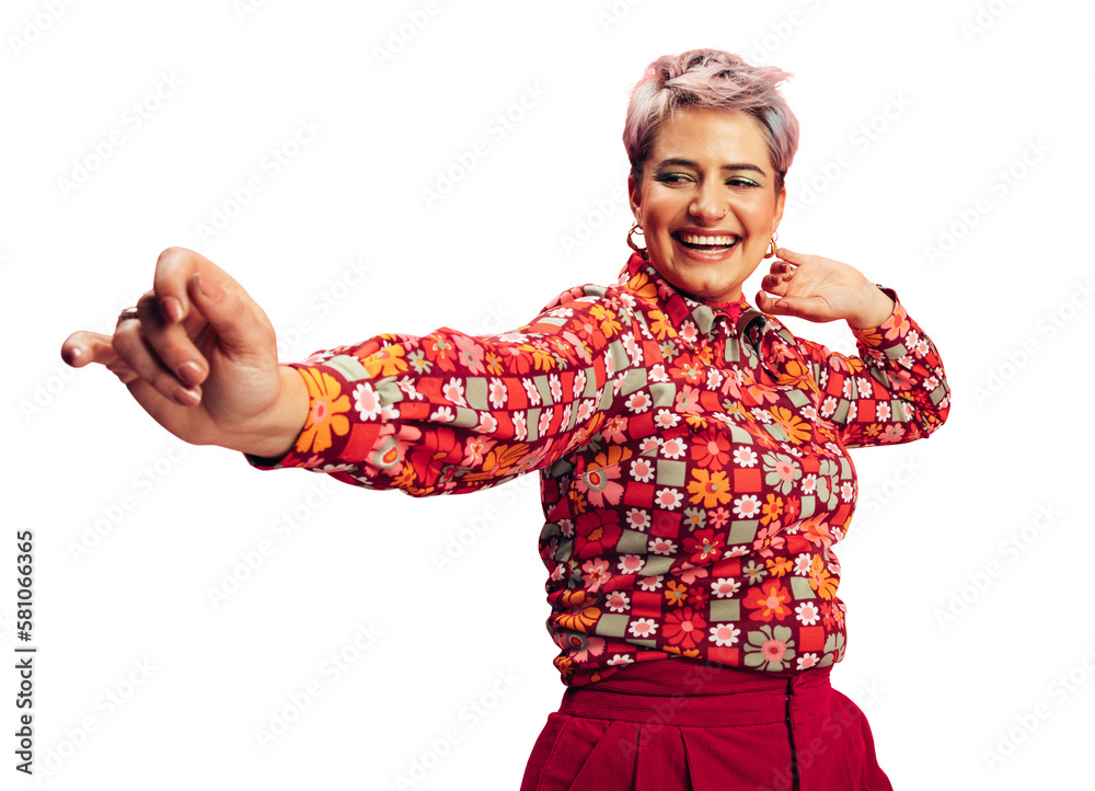 Excited young woman dancing and having fun on a transparent background ...