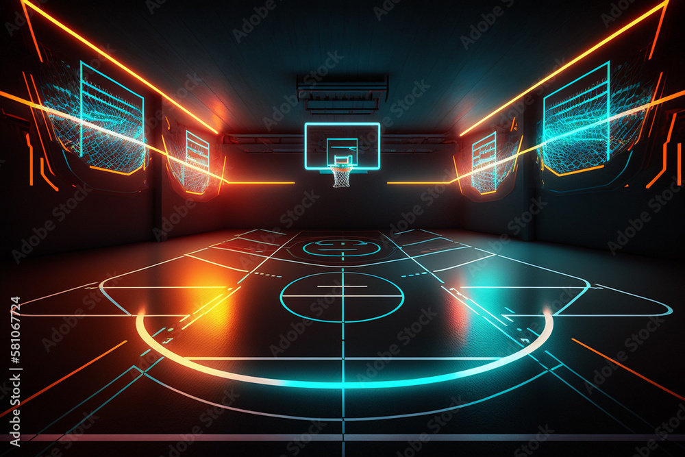 Futuristic basketball court made of neon lights. Generative ai. Stock ...