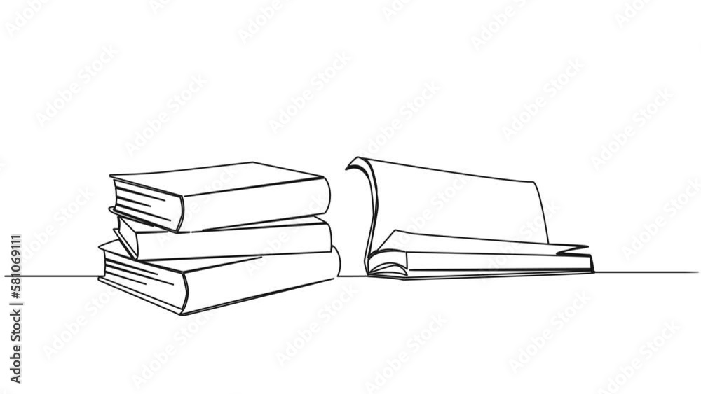 animated continuous single line drawing of open book next to stack of ...