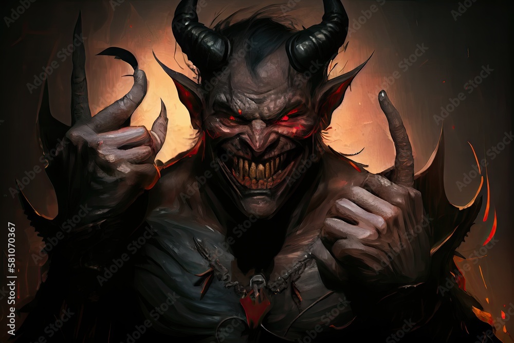 a devilish character with a sinister smile, holding up his hands and ...