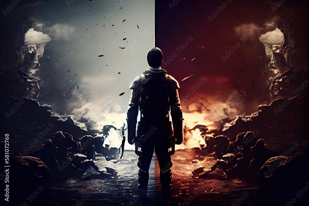 a person standing between two battling forces of good and evil ...