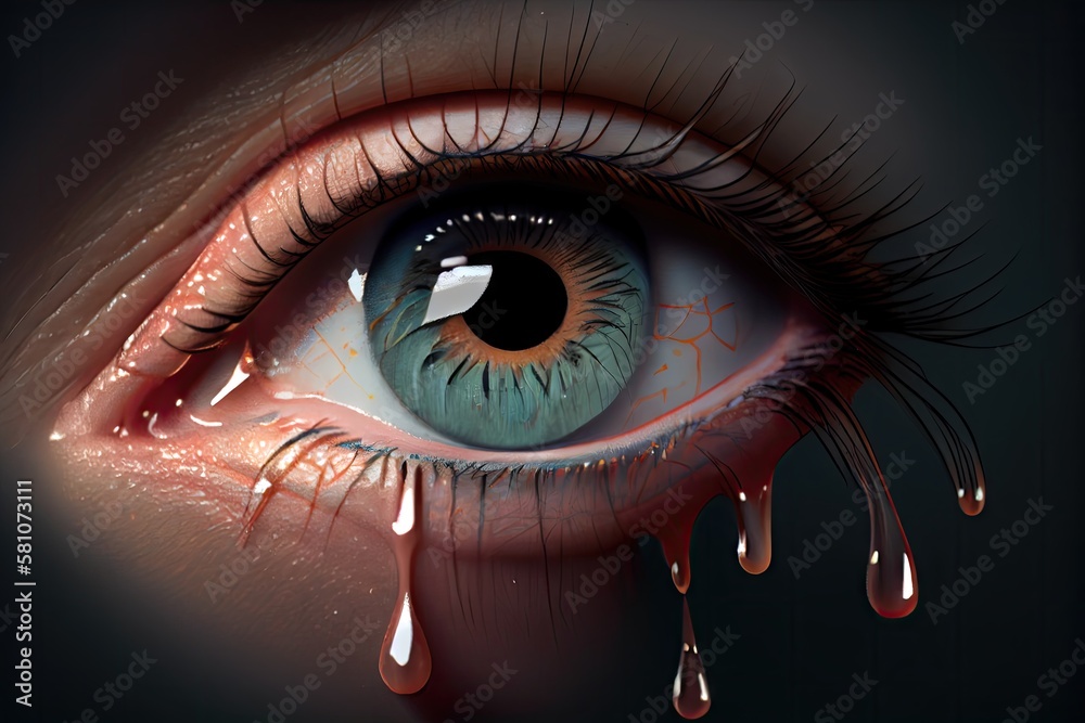 a close-up of a human eye with a single tear rolling down the cheek ...