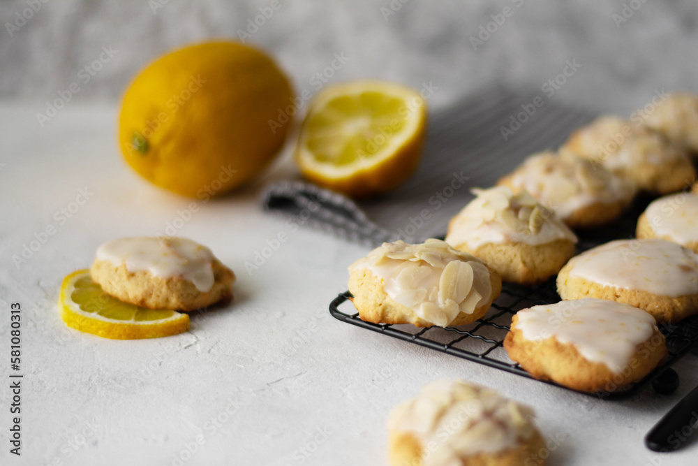 Homemade Italian lemon shortbread cookies with glaze and almond ...