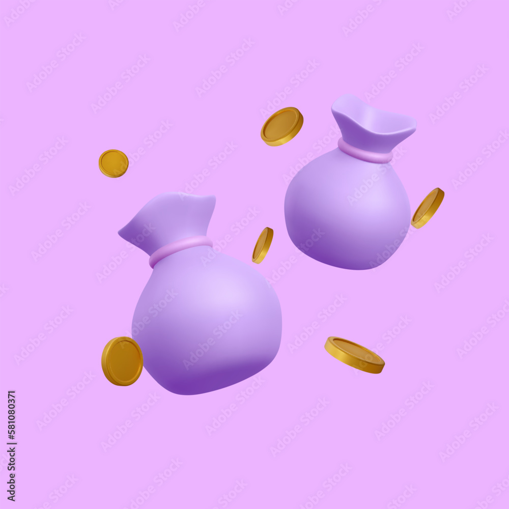 3d realistic money bag with falling golden coins in cartoon style. 3d ...