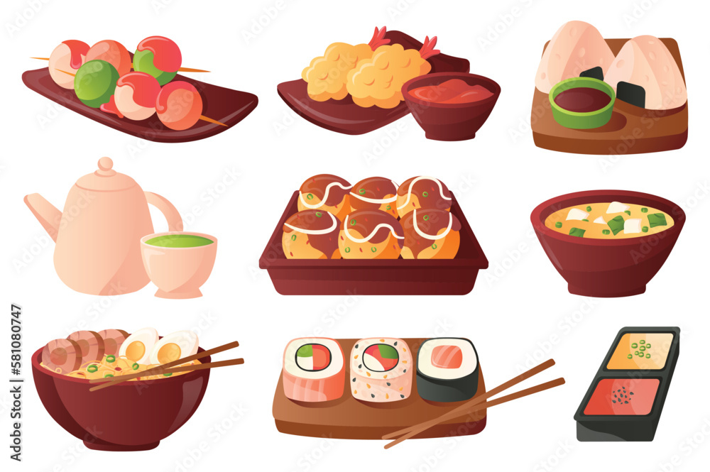 Traditional Japanese Food set concept in the flat cartoon style. Images ...