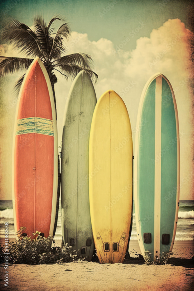 Surfboard on the tropical beach abstract background. Vintage tone color ...