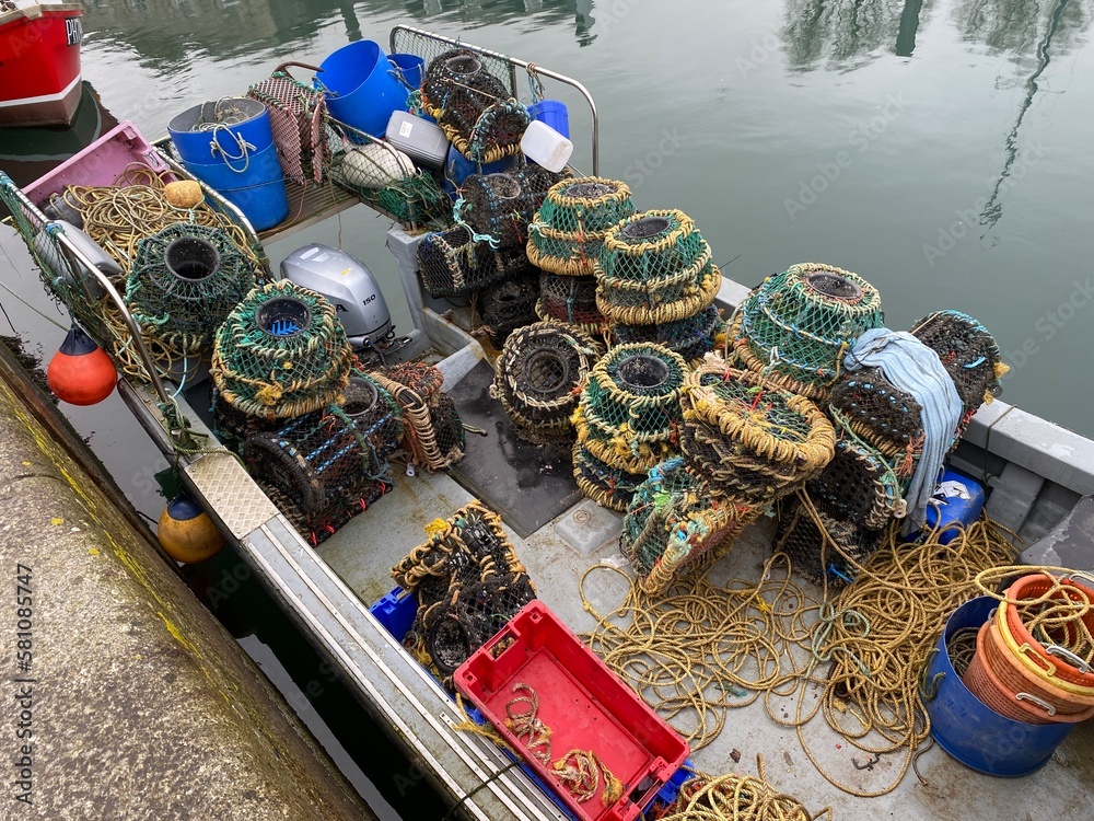 Lobster and crab pots on an inshore fishing boat, Barbican, Plymouth ...