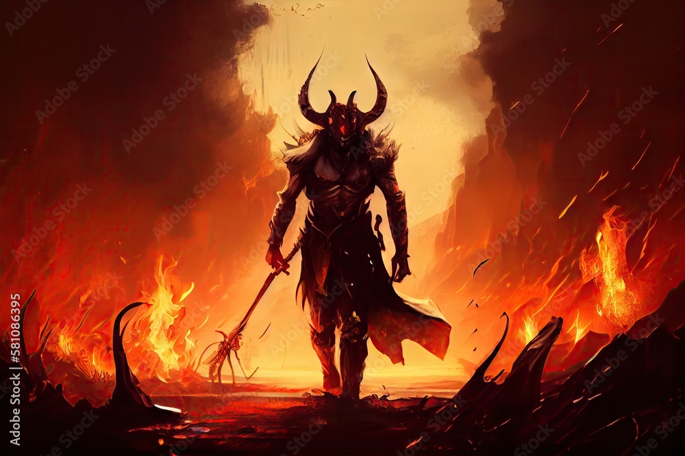 a demon with horns and a pitchfork in the midst of a fiery hellscape ...