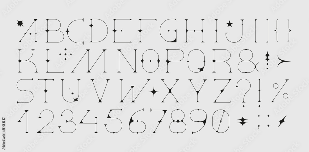 This vector image showcases a Y2K-inspired alphabet design using thin ...
