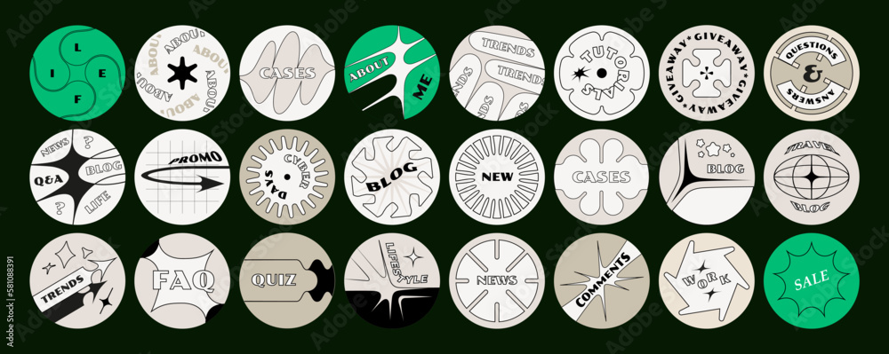 Cover icons for saved stories for social media. Vector set of strict ...