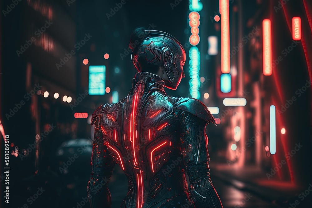 Unique robots in neon lighting in cyberpunk style AI Stock Illustration ...
