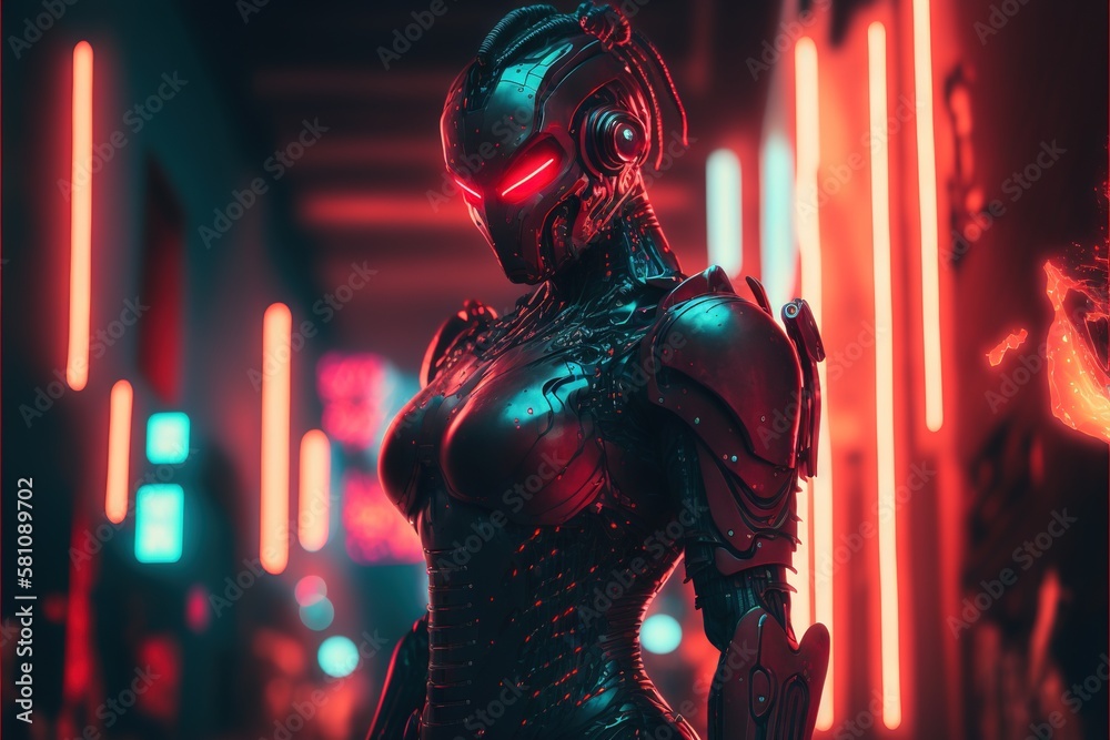 Unique robots in neon lighting in cyberpunk style AI Stock Illustration ...