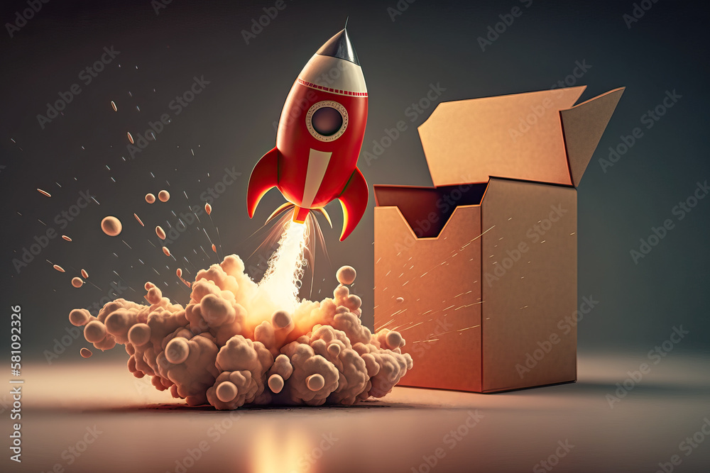 Launch of a red rocket from a carton box. Successful start up concept ...