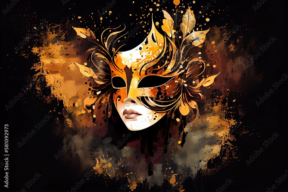 Watercolor Illustration of a Venetian Female Mask Carnival Golden Color ...