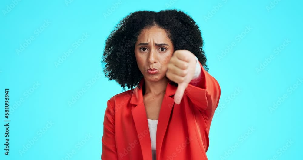 Thumbs up, disappointment and portrait of a woman with a review ...