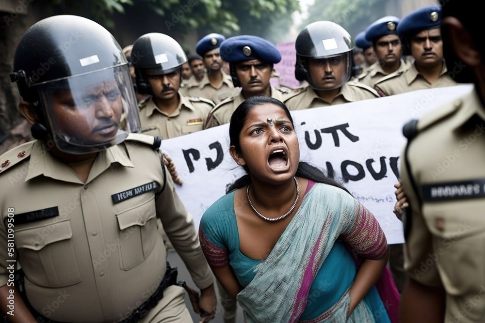 Indian women protest at a demonstration, stopped by police in India. Ai ...