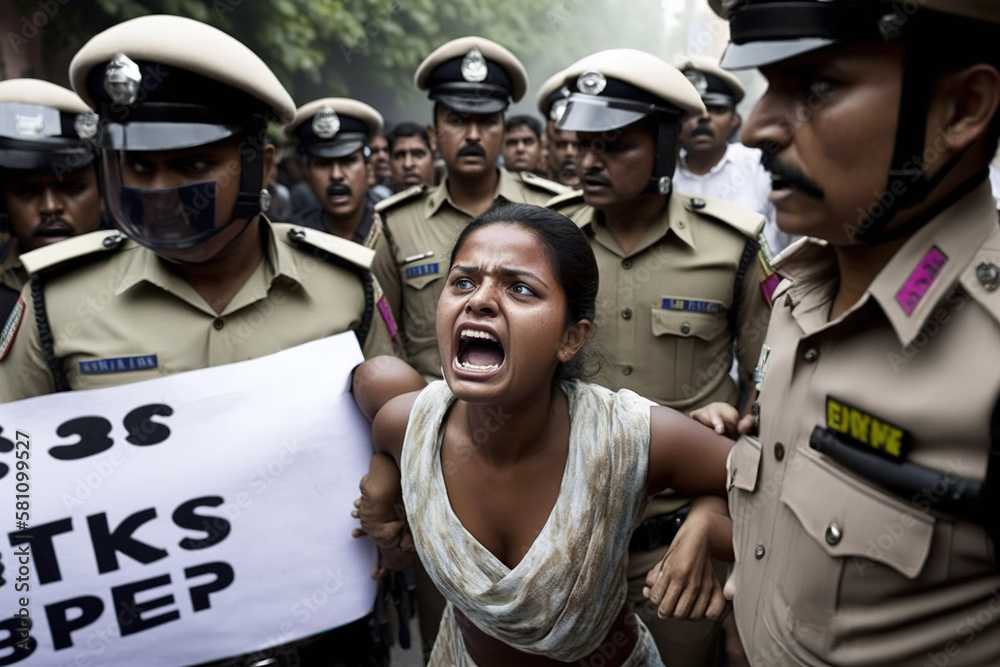 Indian women protest at a demonstration, stopped by police in India. Ai ...