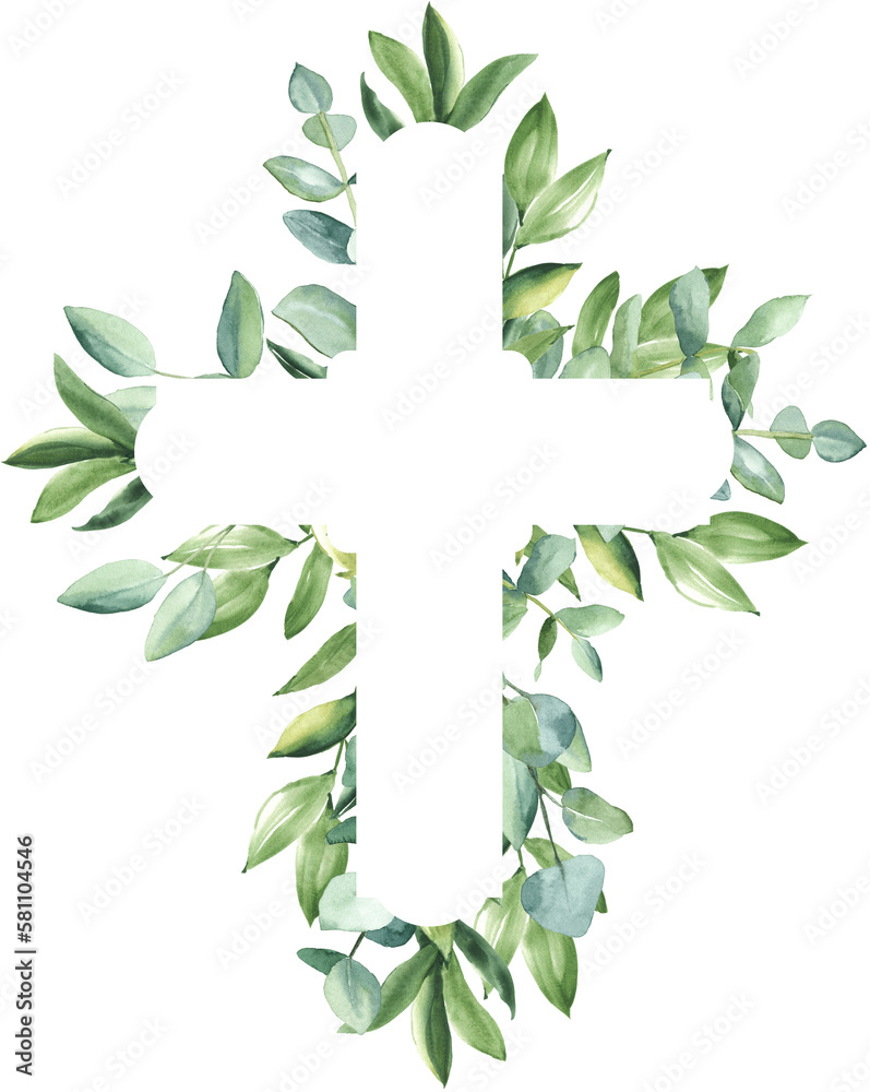 Watercolor floral cross. Easter religious symbol for card, invitations ...