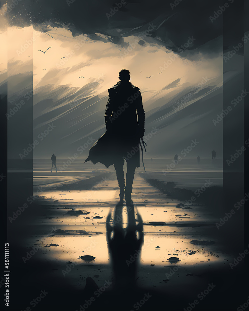 Silhouette of a man walking. Comic book style illustration. Desert ...