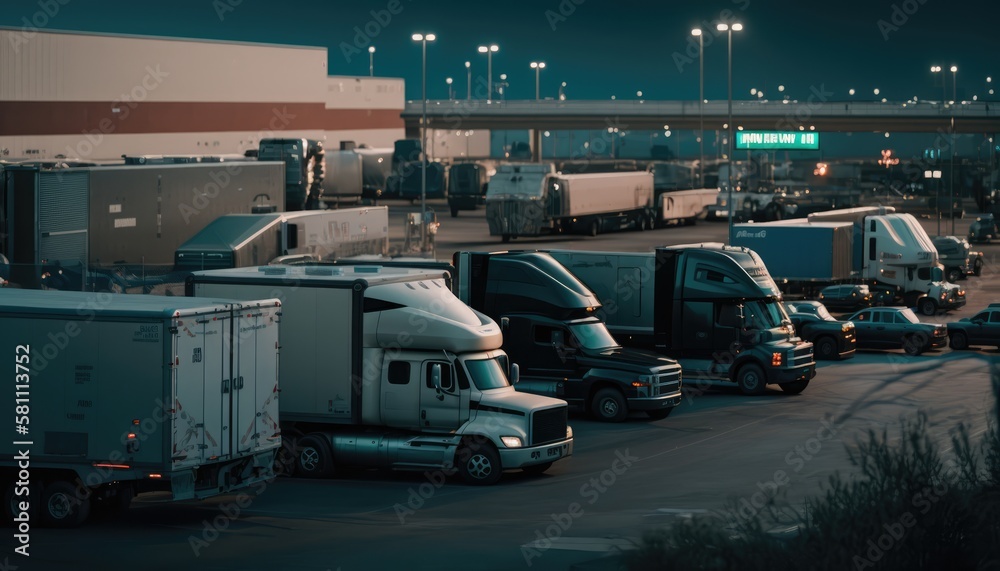 Busy Trailer and Big Rig Parking Lot with Massive Industrial Buildings ...