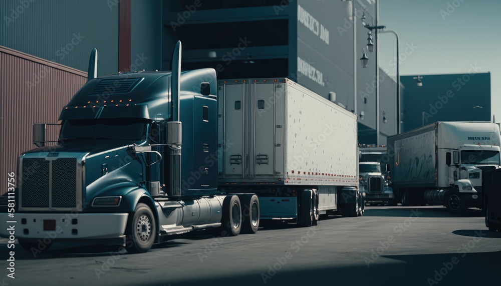 Busy Trailer and Big Rig Parking Lot with Massive Industrial Buildings ...