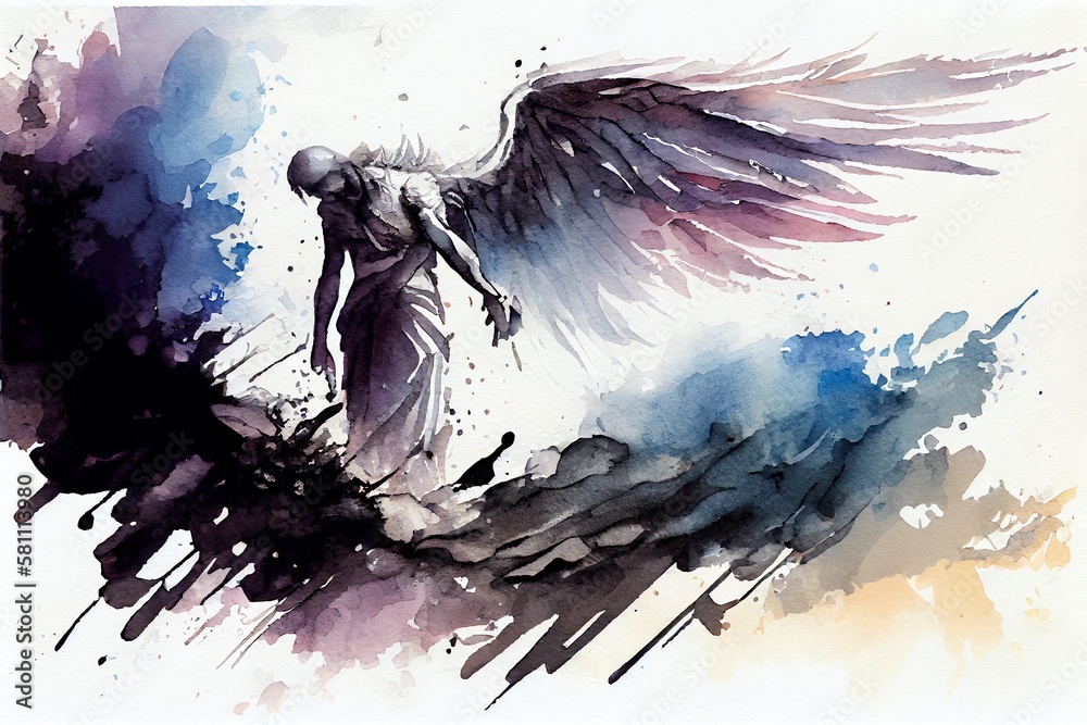 Watercolor Illustration of a Fallen Angel Expelled From Heaven ...