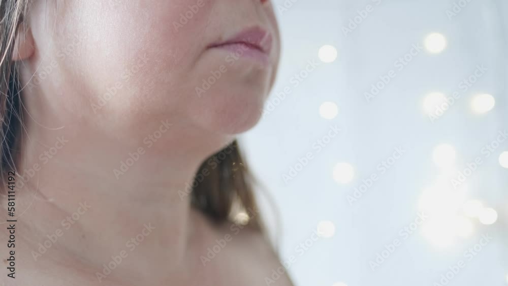 close up part face mature woman 55 years old, human fat neck, side view ...