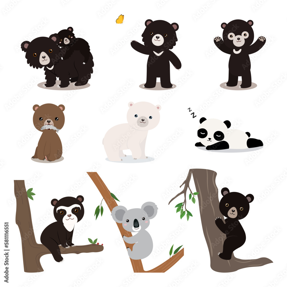 set of bears in different poses colored flat vector illustration ...
