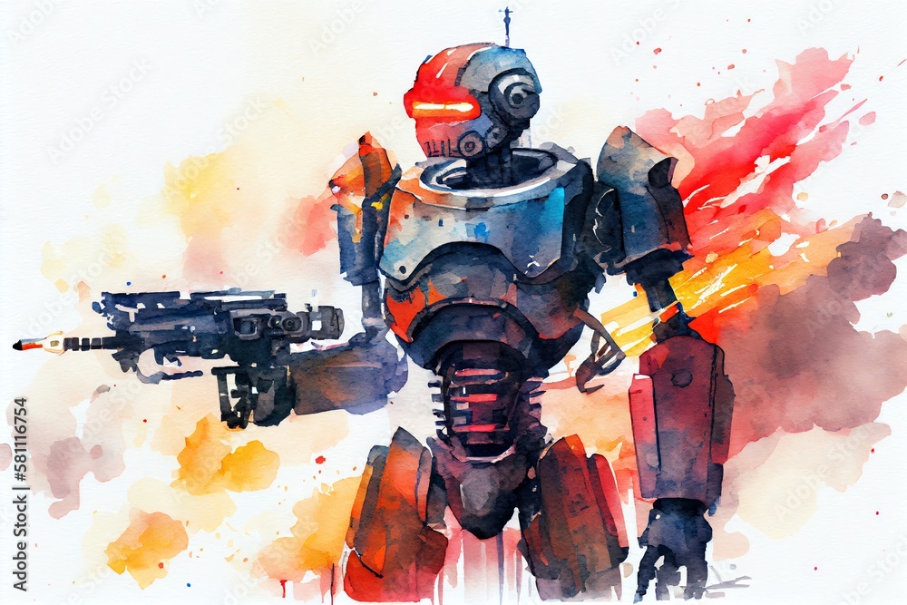 Watercolor Illustration of a Robot Is Armed, Protection Or Evil Robot ...
