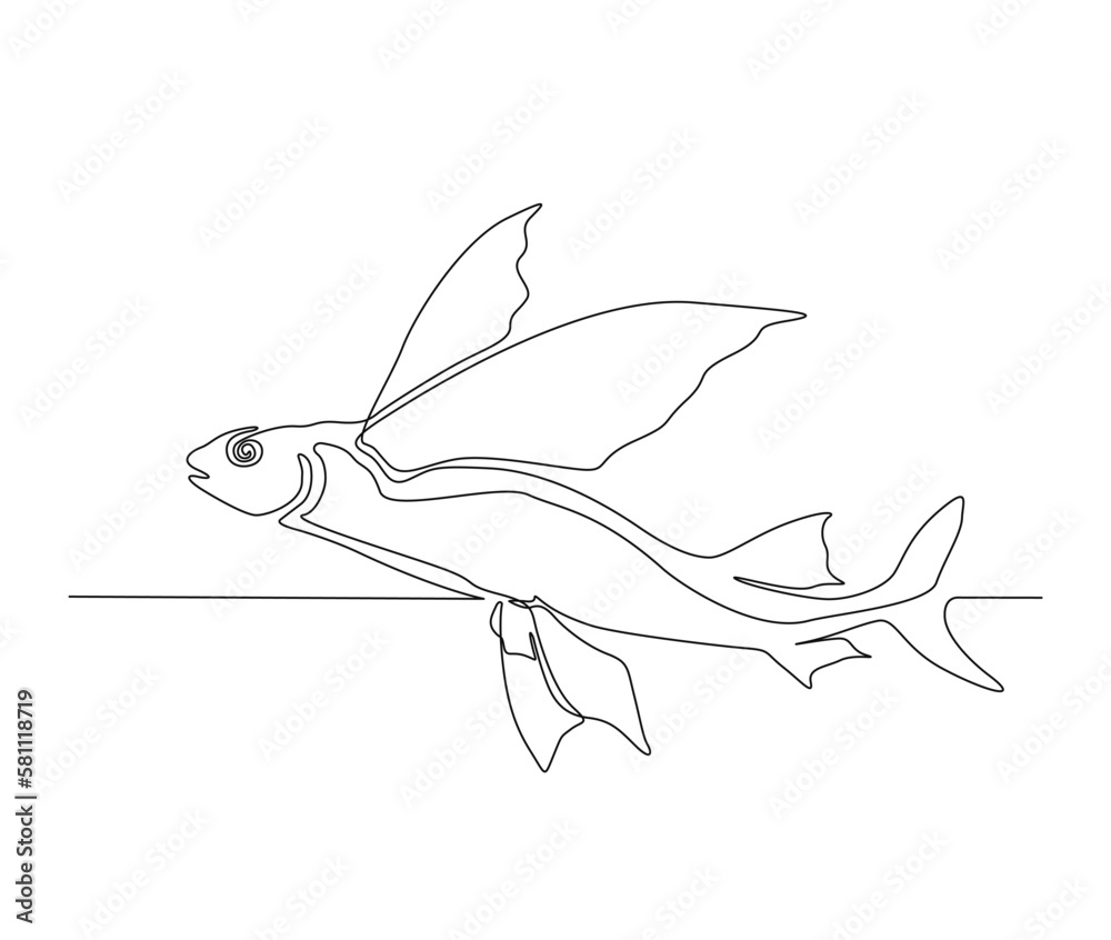 Continuous one line drawing of flying fish or flying cod. Simple ocean ...