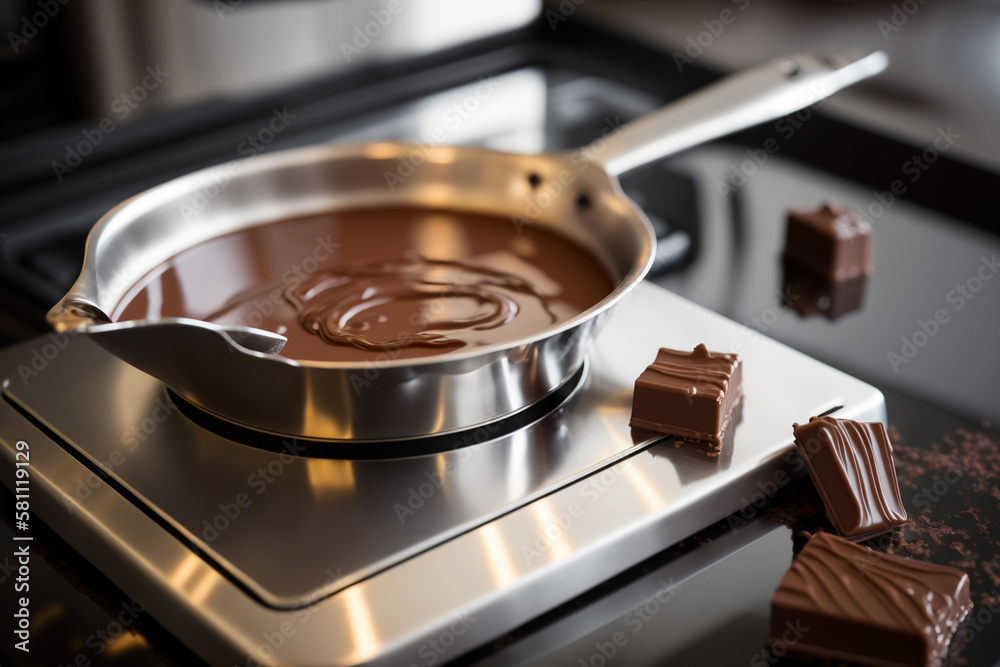 Melted chocolate in a pan over a stove is a food made from fermented ...