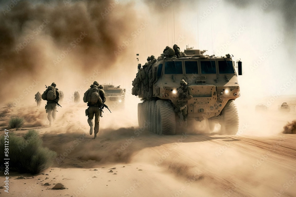 Military patrol car on sunset background. Army war concept. Silhouette ...