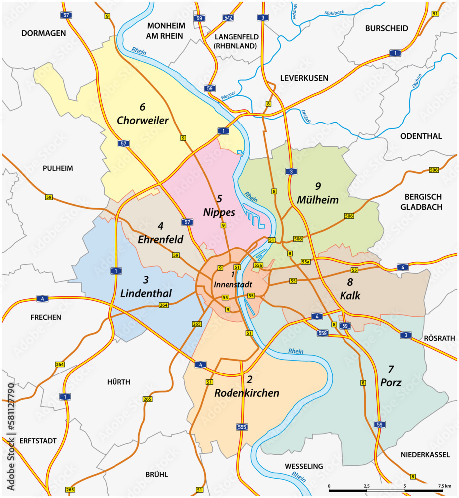 Administrative and street map of the city of Cologne, Germany Stock ...