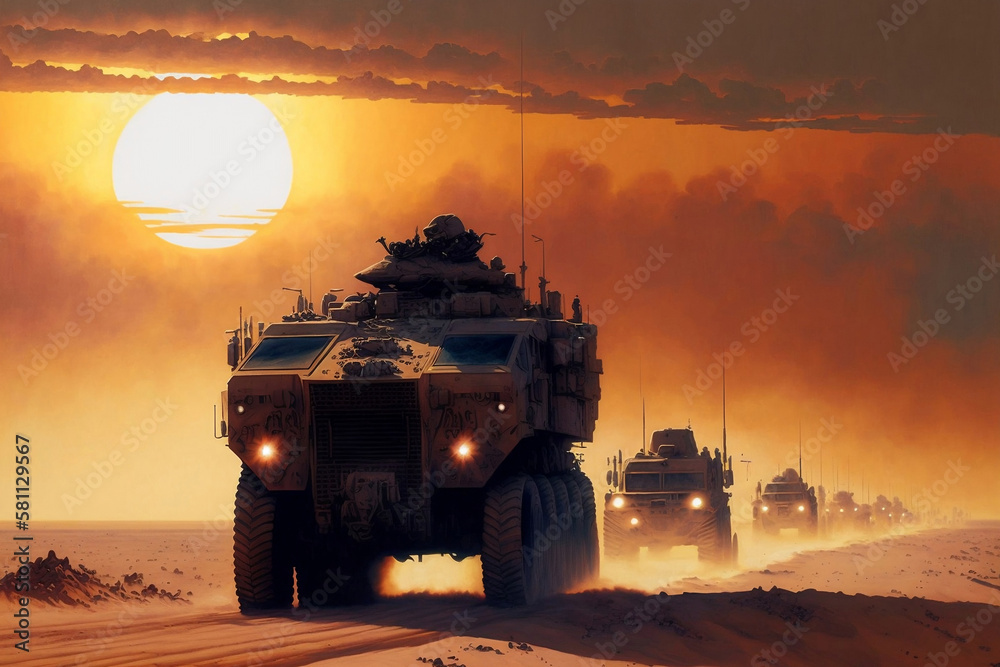 Military patrol car on sunset background. Army war concept. Silhouette ...