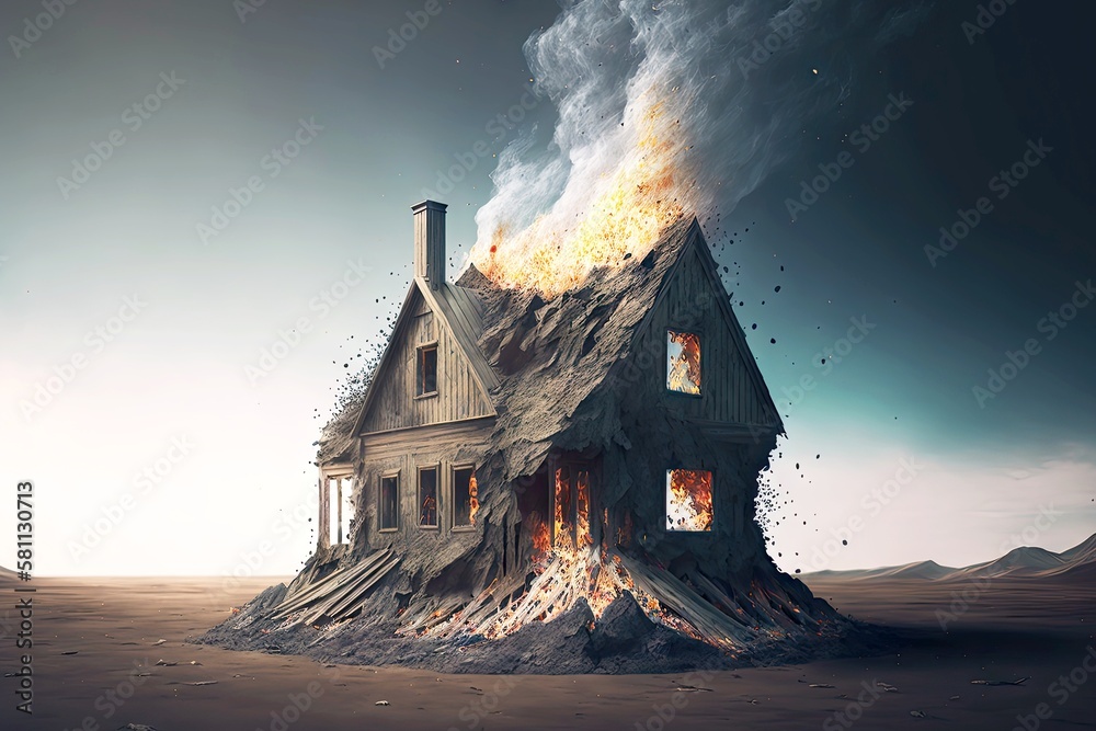 wooden burning house covered with thick layer of ash, created with ...