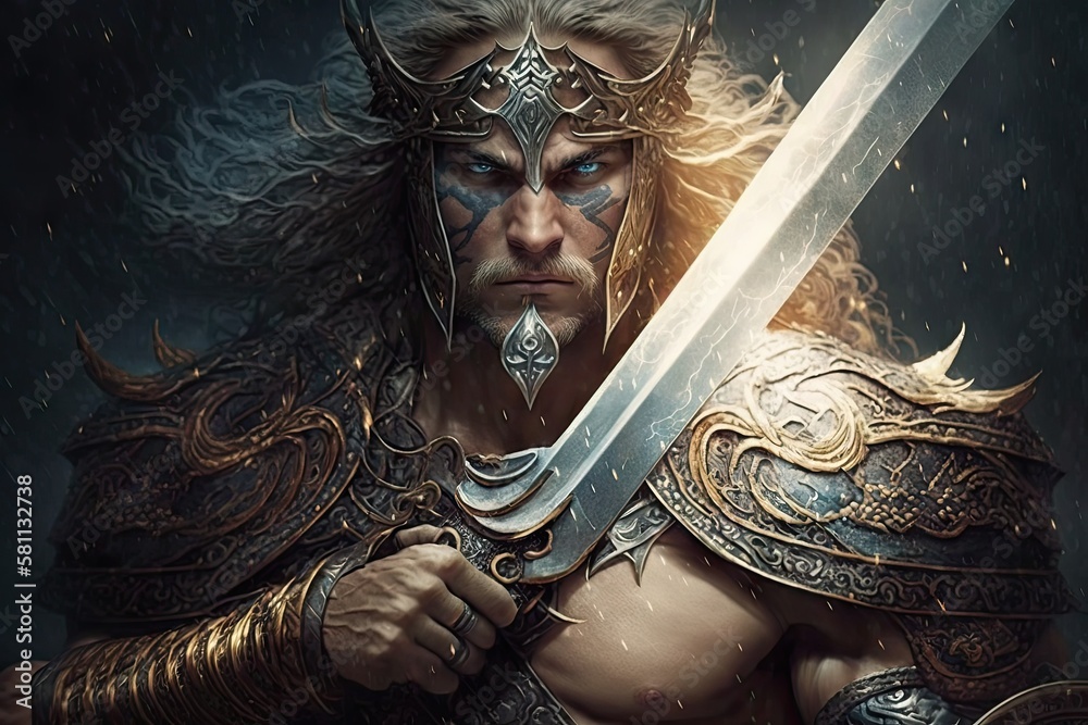 powerful mystical warrior guardian with sword in hand, created with ...