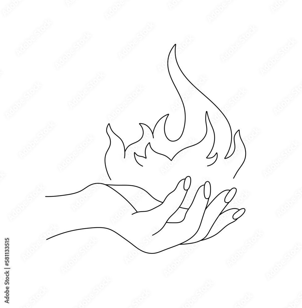 Vector isolated one single burning hand with fire flames in the palm of ...
