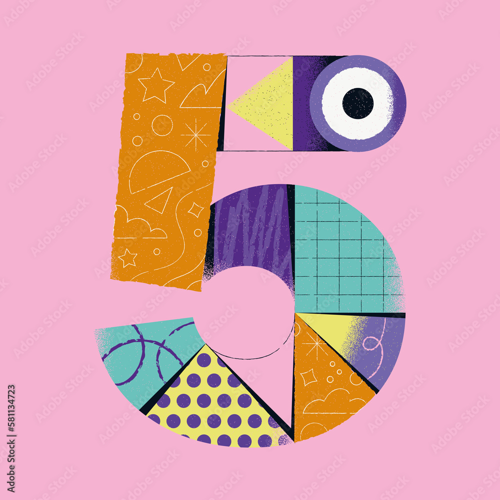 Number five. Trendy vector illustration with basic shapes and textures ...