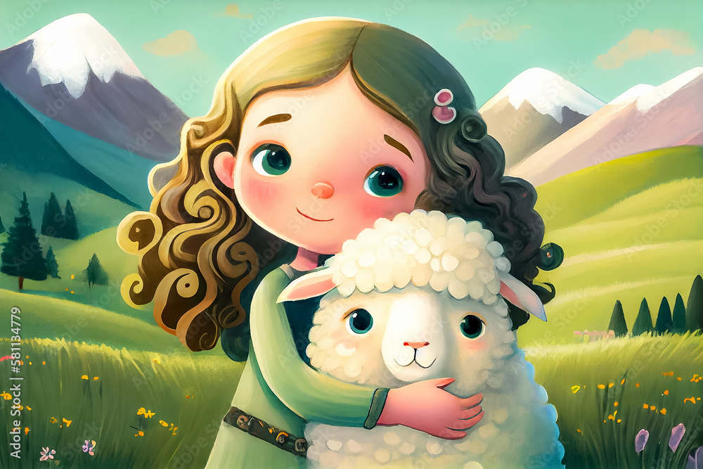 Cartoon little girl hugging with sheep in the meadow. Illustration for ...