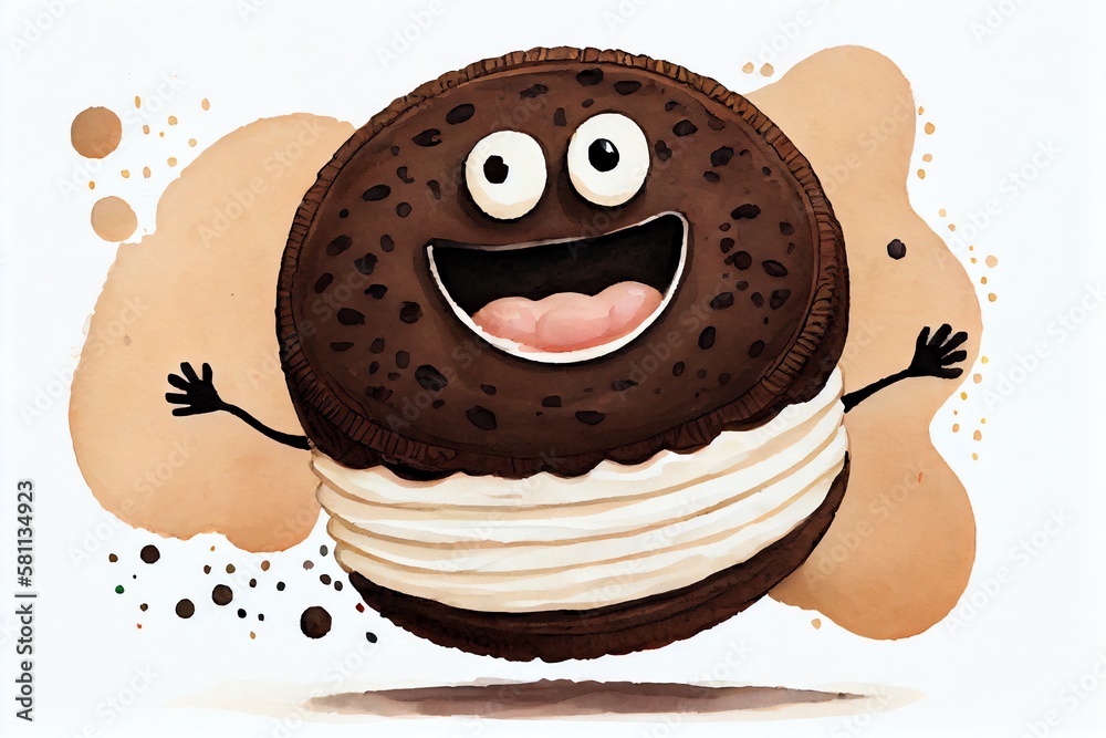 Watercolor Illustration of a Cartoon Character Oreo Cookie Food, Funny ...