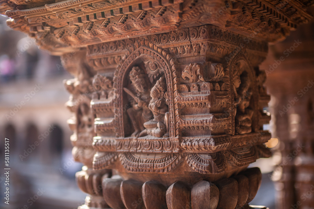 Wooden art craving decor in Patan Durbar Square, is situated at the ...