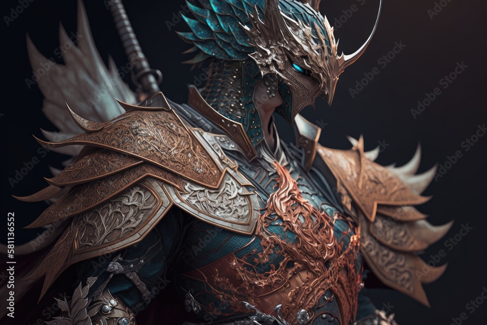 guardian warrior dressed in beautiful dragon armor with sword, created ...