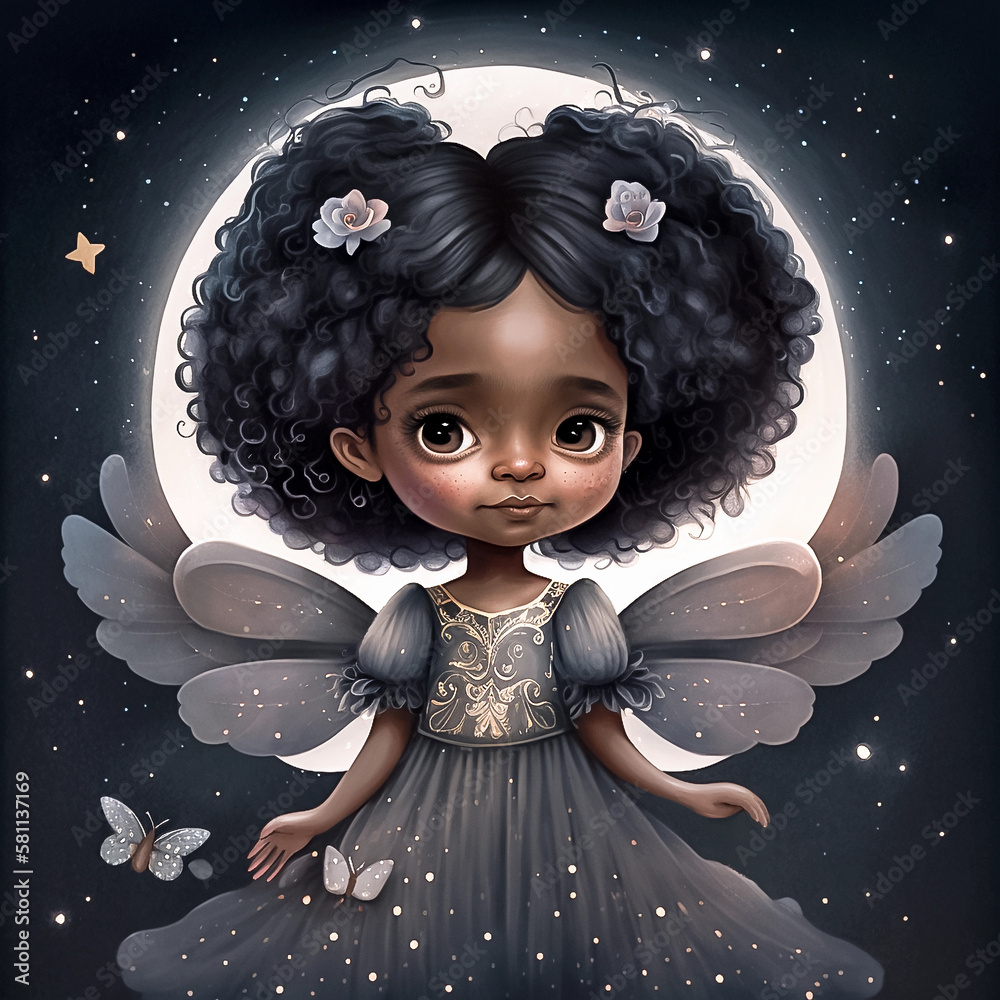 Beautiful little angel with wings in the night sky on the background of ...